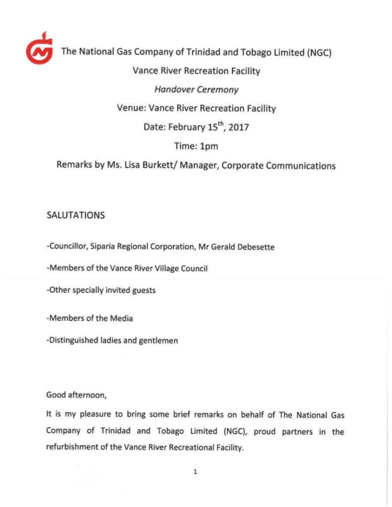 Speech - Vance River Recreation Facility Handover Ceremony - NGC | NGC