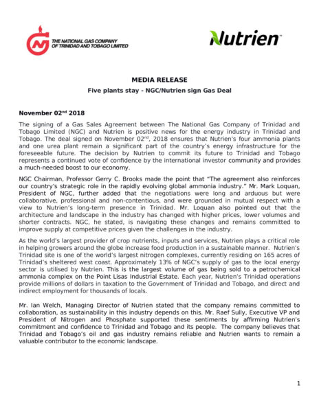 Media Release: NGC / Nutrien sign Gas Deal - NGC | NGC